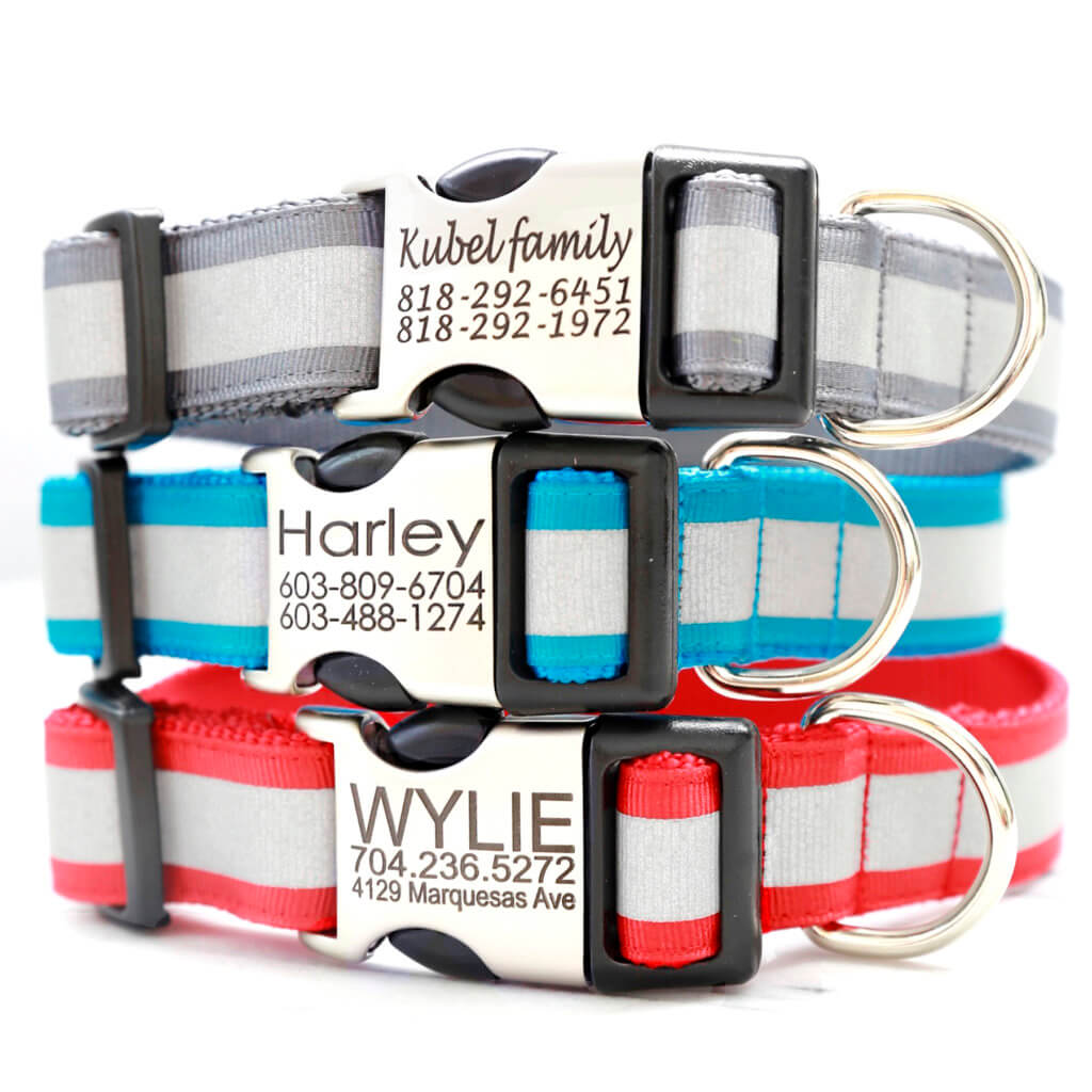 Reflective Dog Collar with Engraved Personalized Buckle