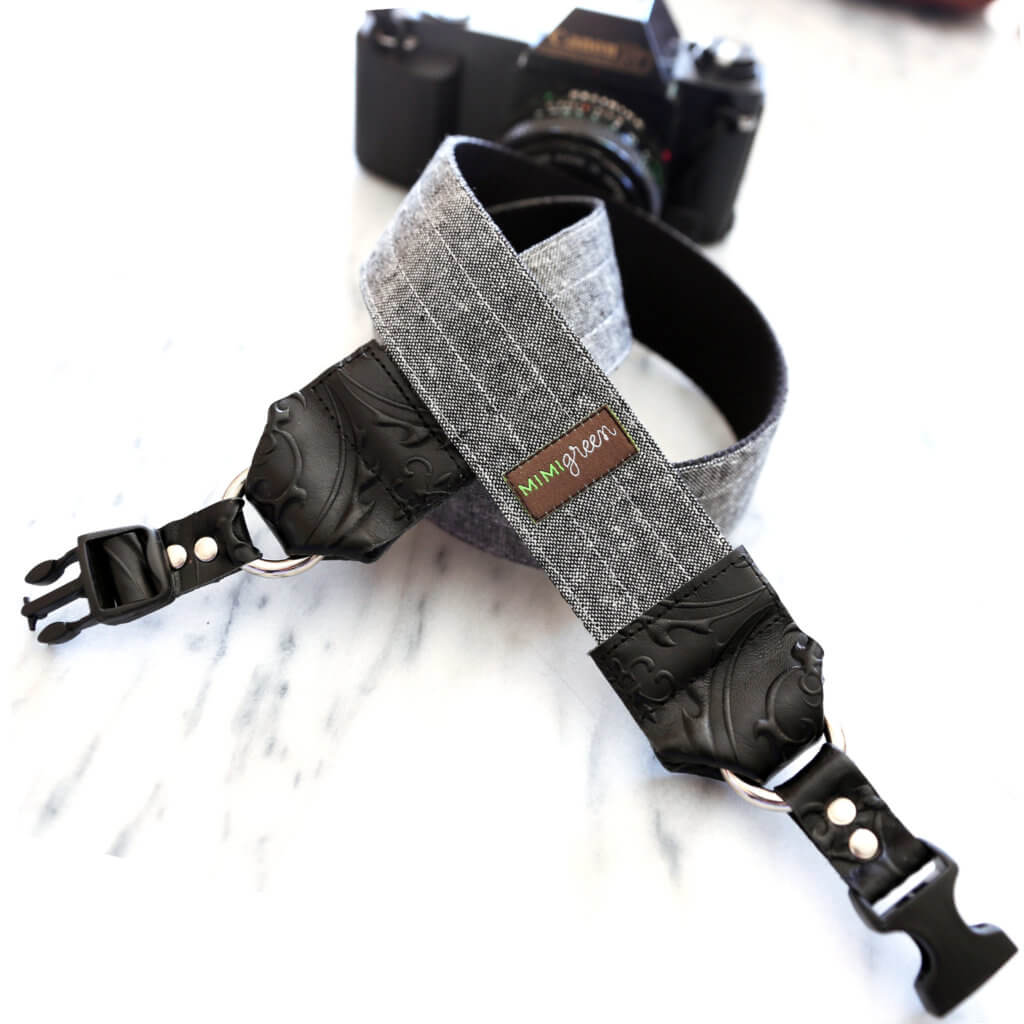 Personalized Camera Strap | Charcoal Linen | Buckle Ends