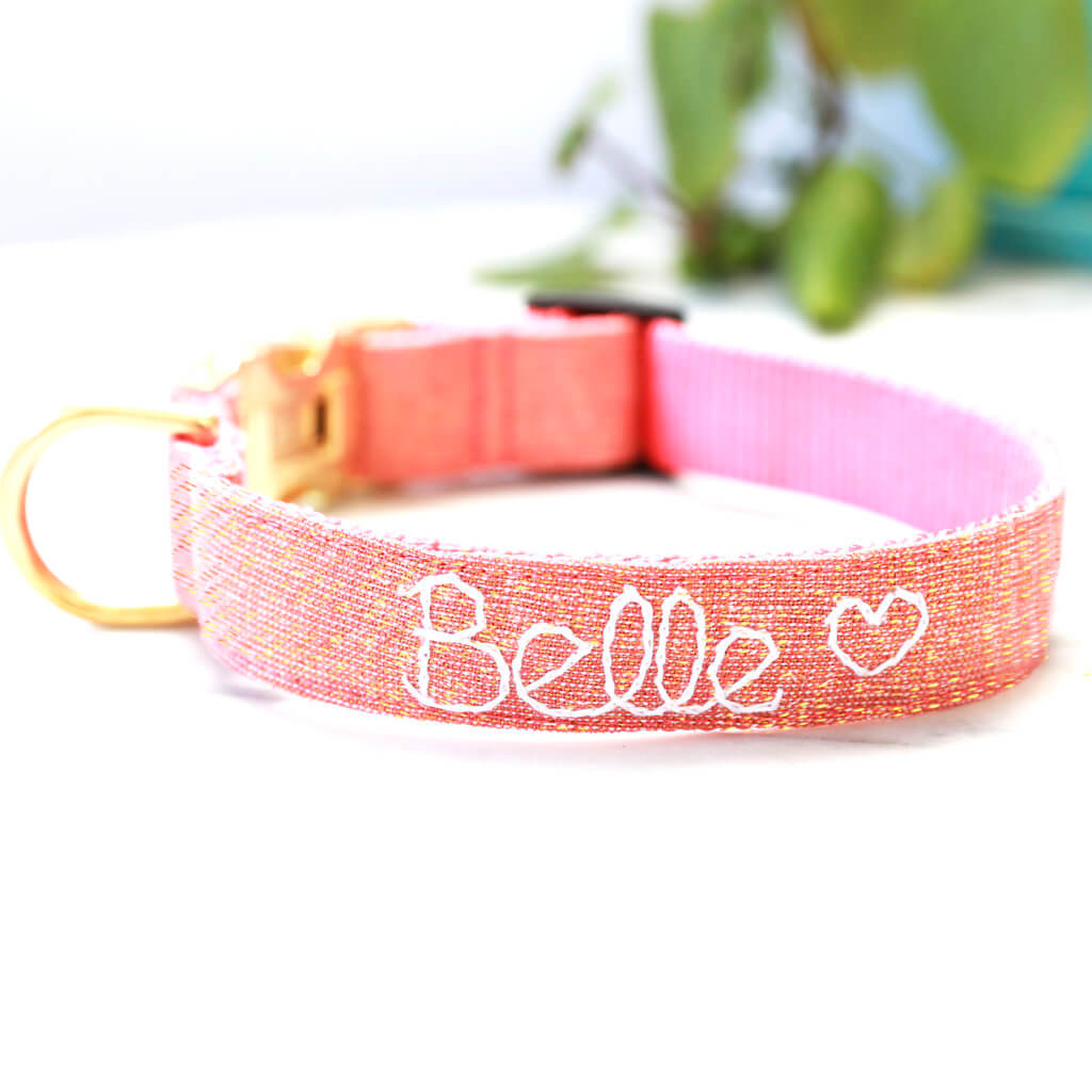 Rose Gold Dog Collar - Pink Linen with Laser Engraved Buckle