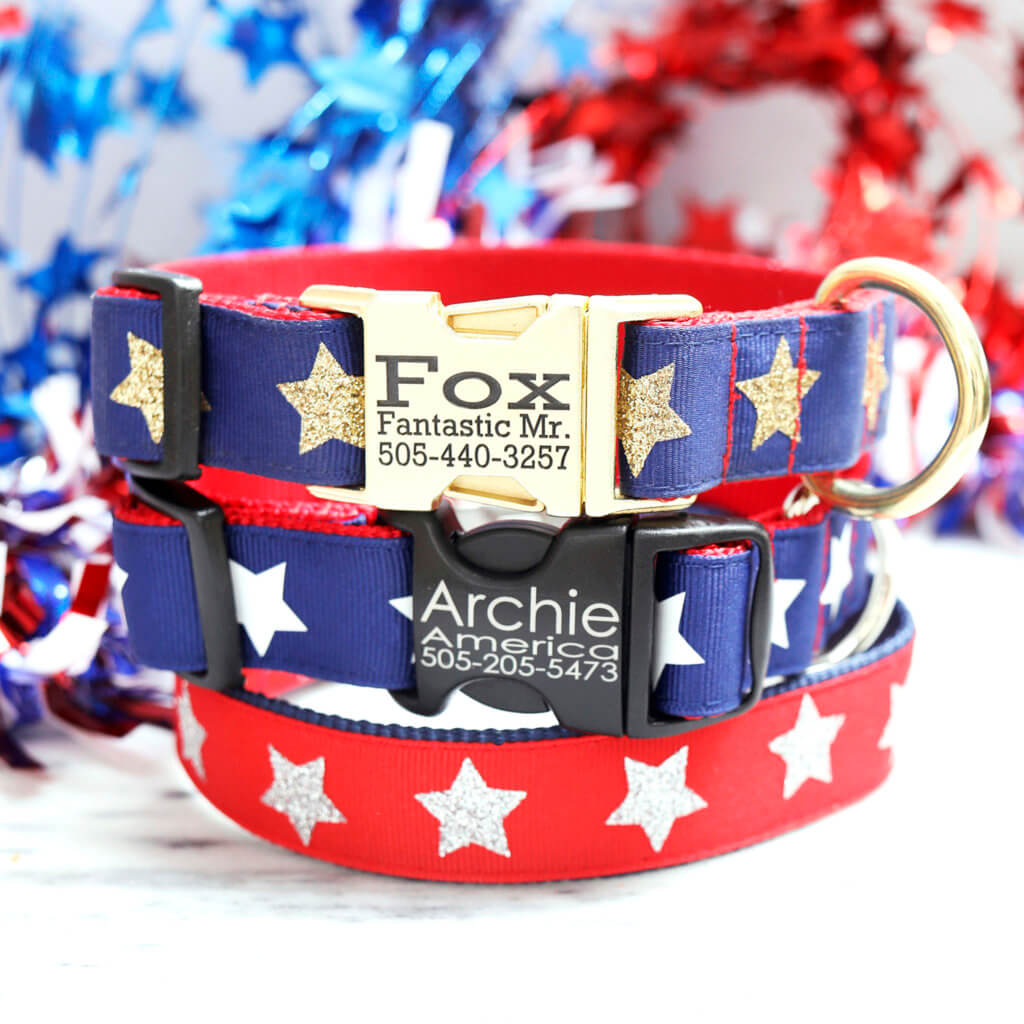 Superhero Dog Collar | Laser Engraved Buckle | 4th of July Stars