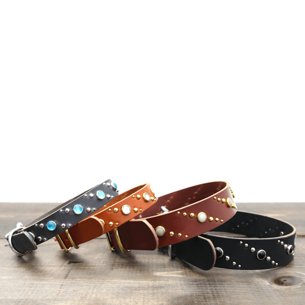 Leather Dog Collar with Gemstones - Quasar Pattern