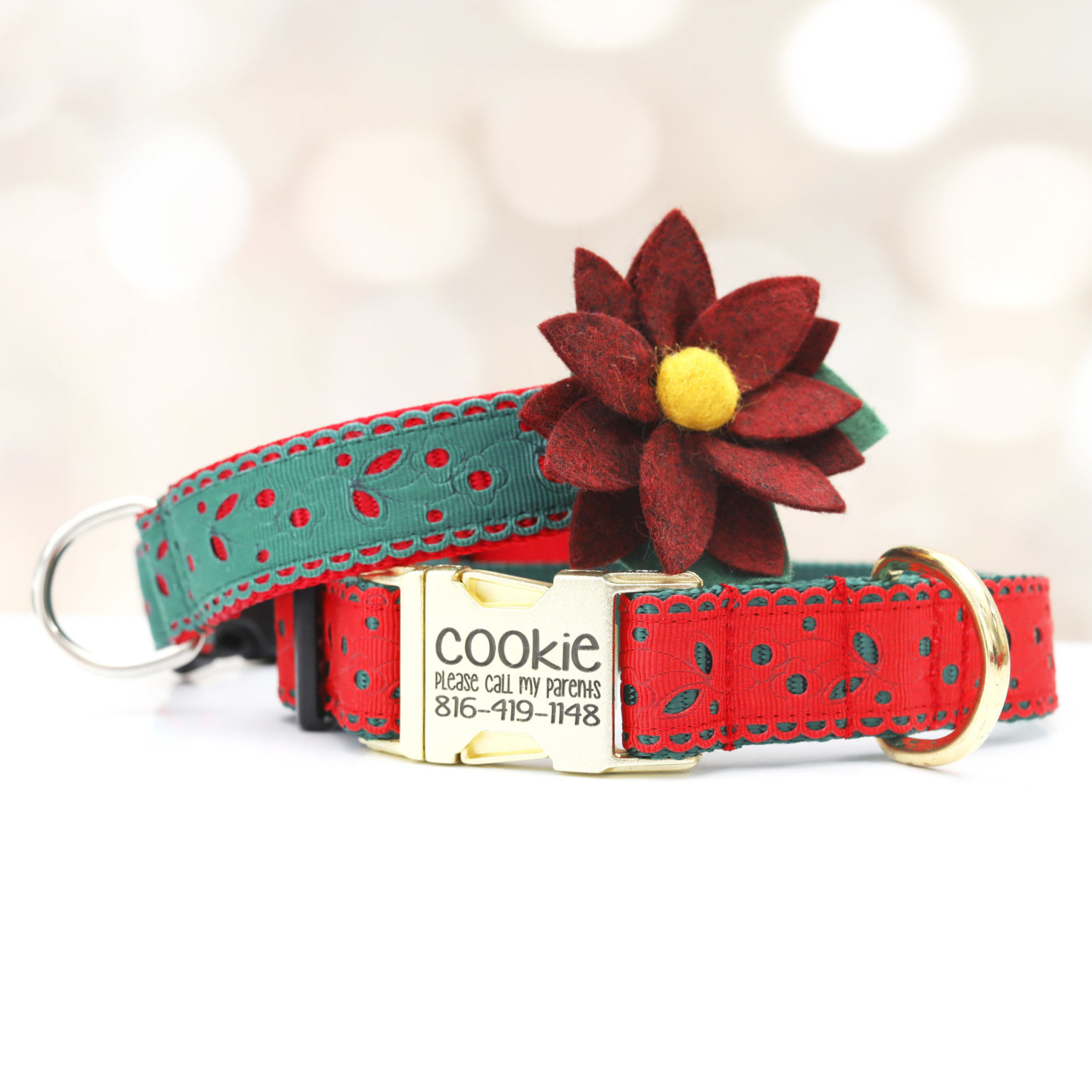 Holiday Dog Collar - Eve Lace Ribbon (Red and Green)