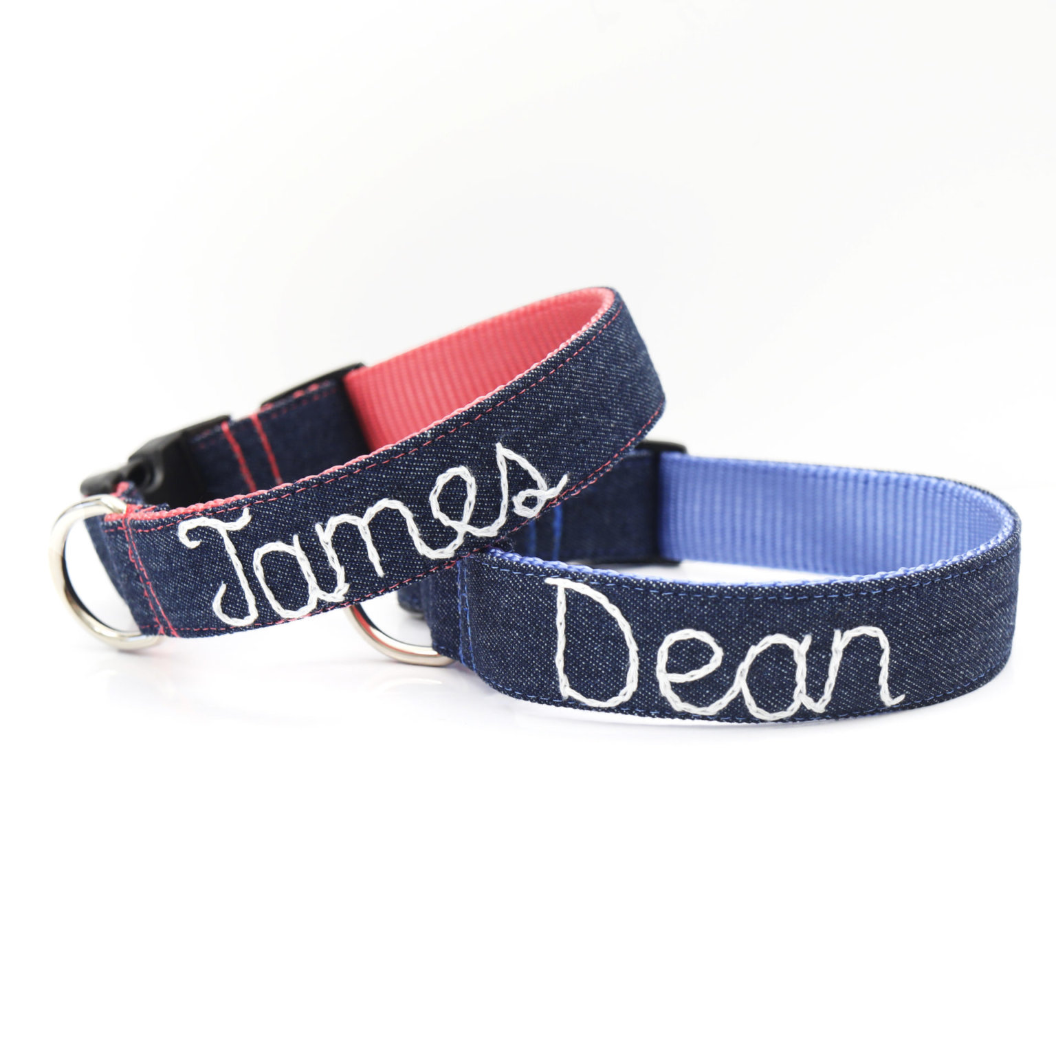 Blue Denim Hand Embroidered Dog Collar - With Dogs Name