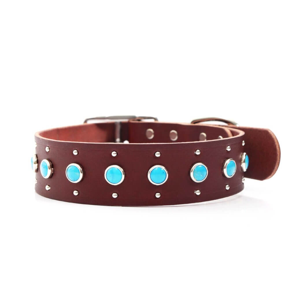Turquoise Studded Southwestern Leather Dog Collar - The 'Duke'